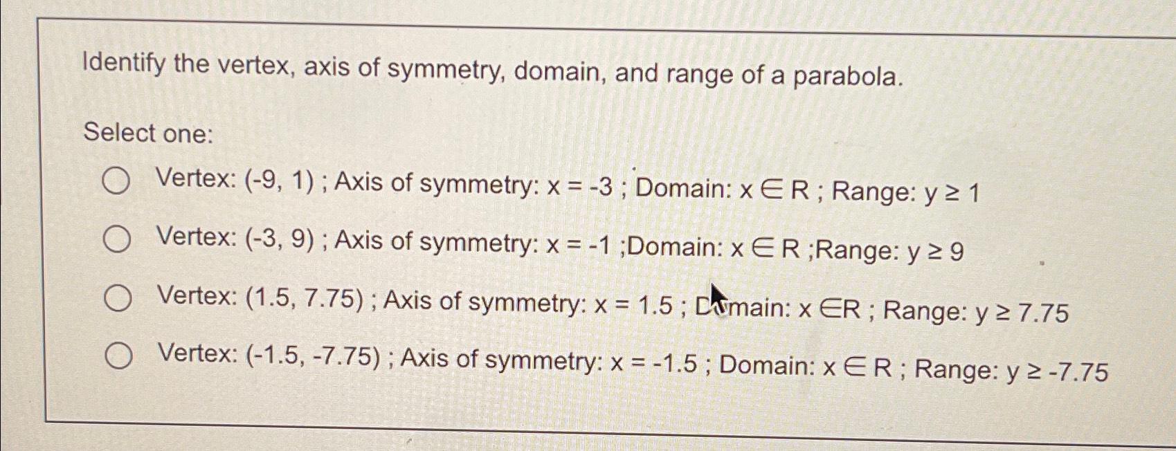 Solved Identify the vertex, axis of symmetry, domain, and | Chegg.com