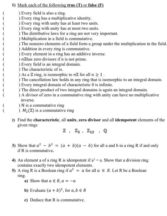 Solved 1) Mark each of the following true (T) or false (F) ) | Chegg.com