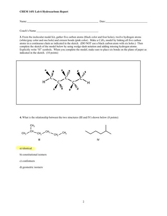 Solved CHEM 1451 Lab 6 Hydrocarbons Report Name Dale Coach's | Chegg.com