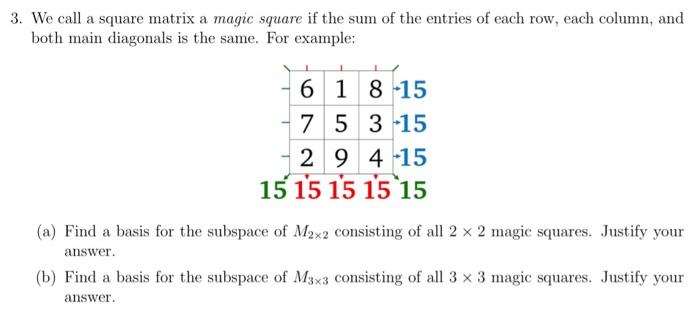 Solved 3. We call a square matrix a magic square if the sum | Chegg.com