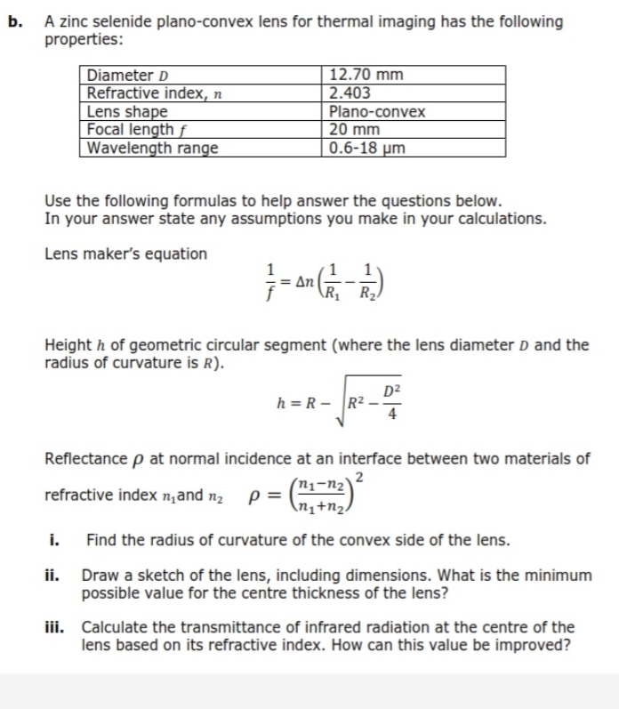 Solved b. ﻿A zinc selenide plano-convex lens for thermal | Chegg.com