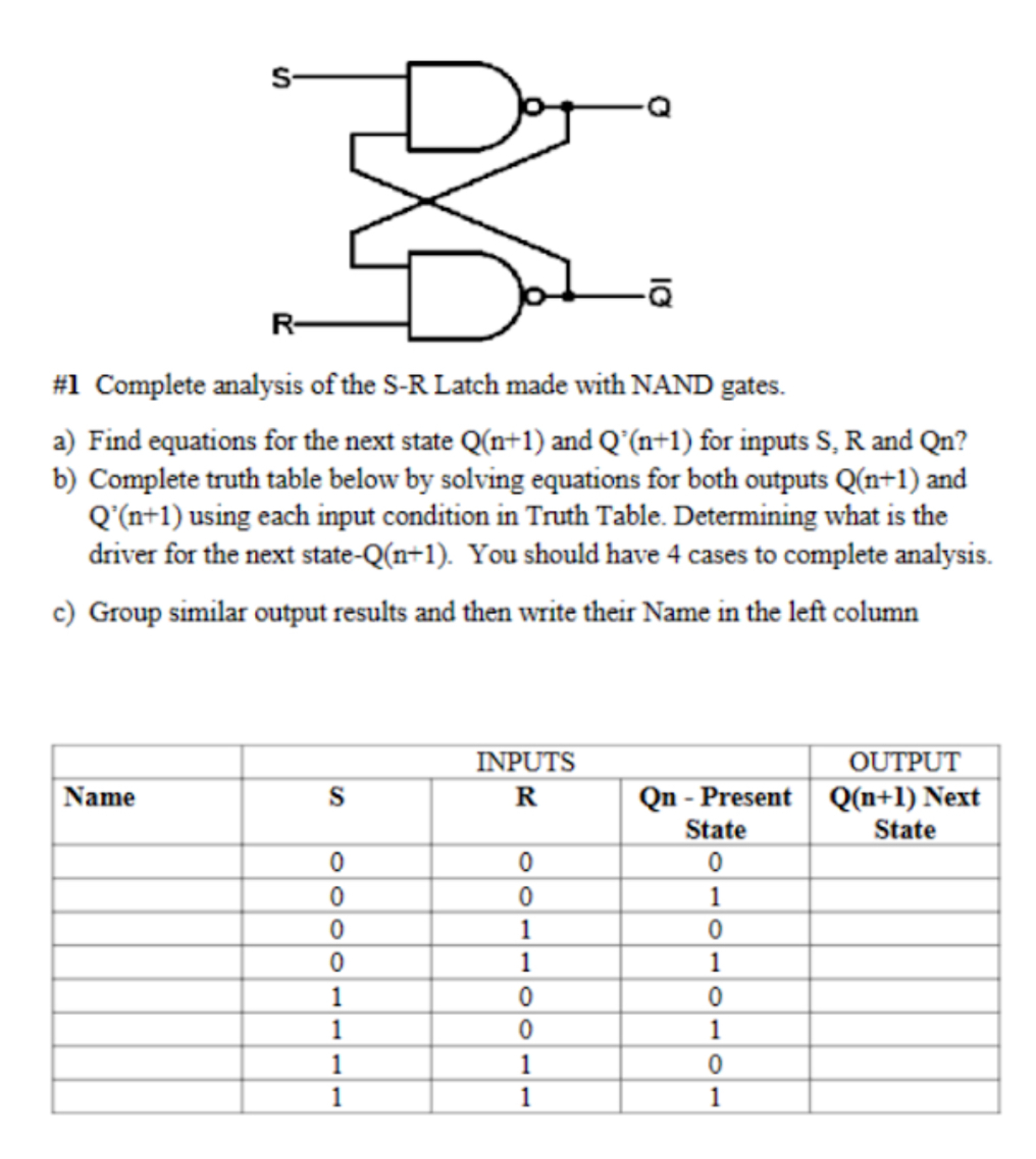 #1 ﻿Complete analysis of the S-R Latch made with NAND | Chegg.com