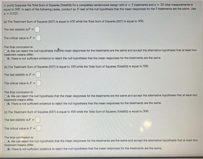 Solved (1 point) Suppose the Total Sum of Squares (Totalss) | Chegg.com