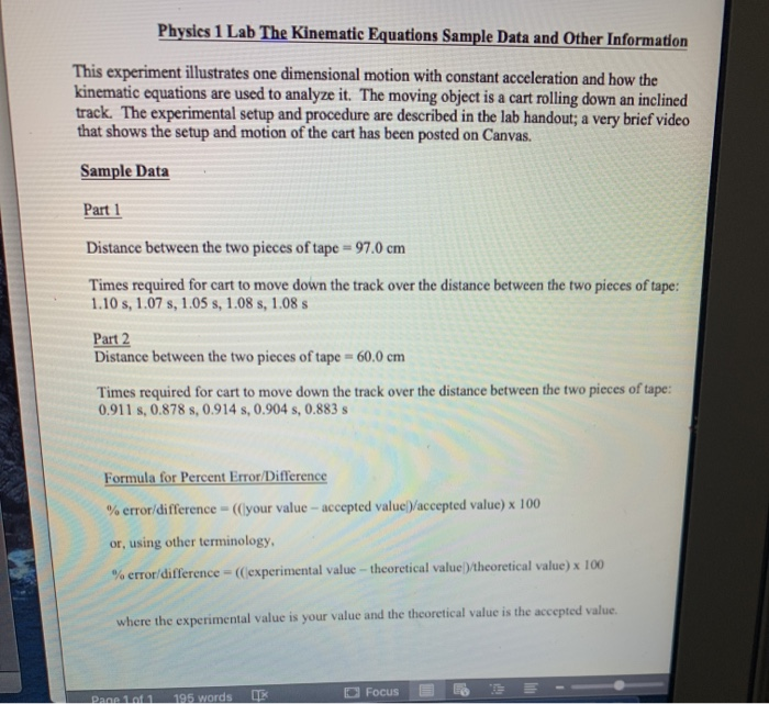 Solved: Physics 1 Lab The Kinematic Equations Sample Data ... | Chegg.com