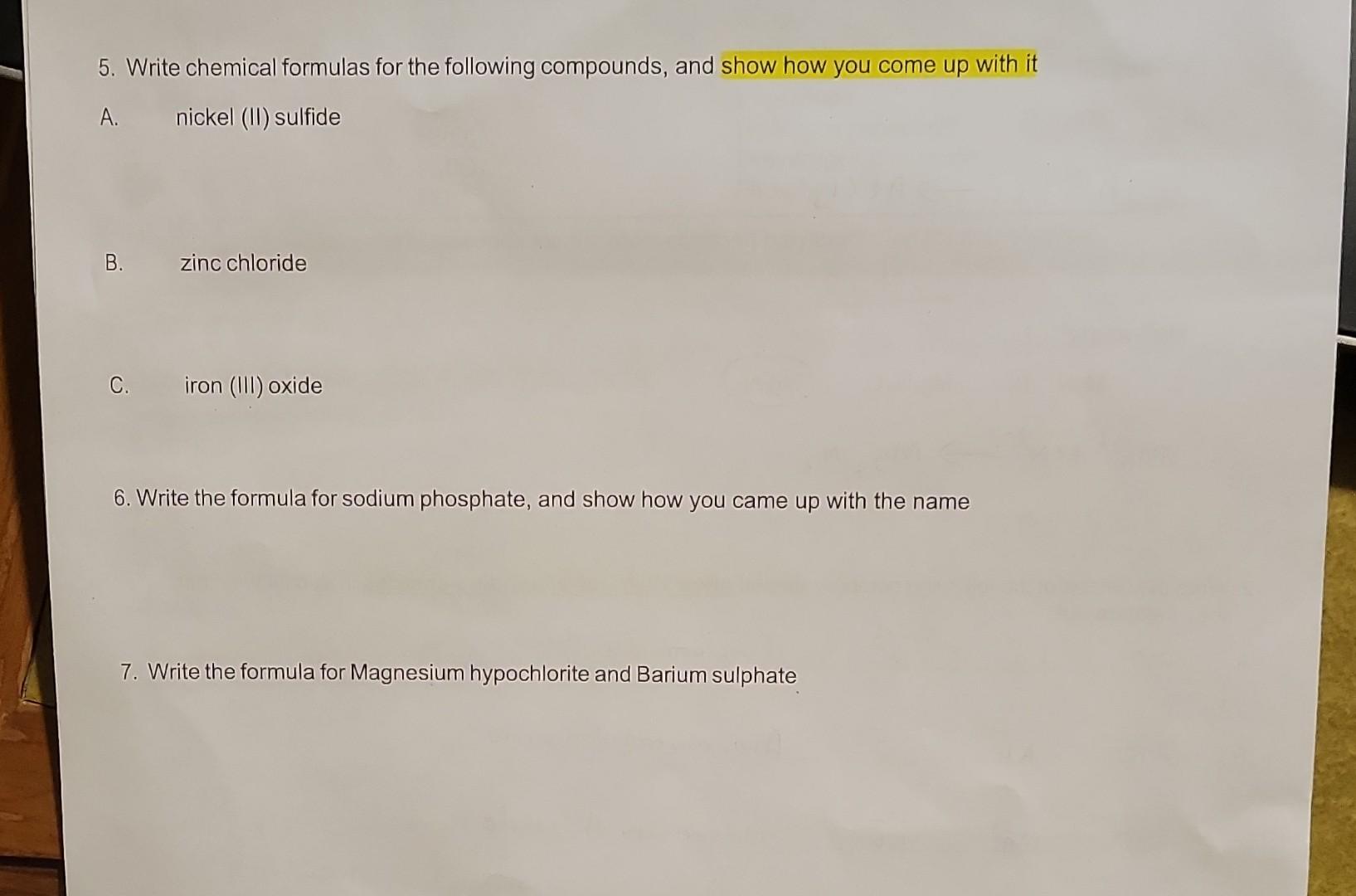 Solved 5. Write chemical formulas for the following | Chegg.com