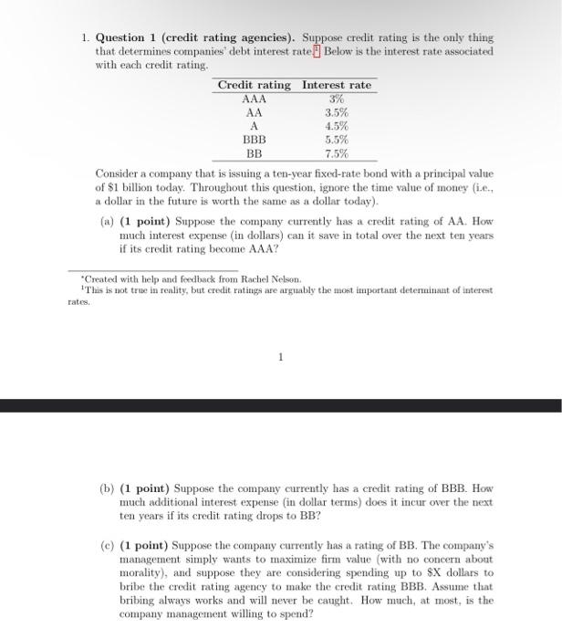Solved 1. Question 1 (credit rating agencies). Suppose | Chegg.com