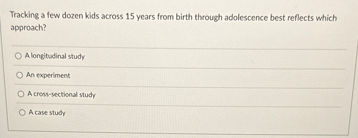 Solved Tracking a few dozen kids across 15 ﻿years from birth | Chegg.com