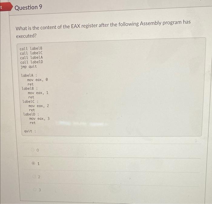 Solved t Question 9 What is the content of the EAX register | Chegg.com