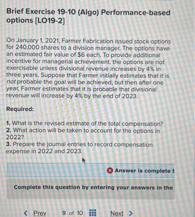Solved Brief Exercise 19-10 (Algo) Performance-based options | Chegg.com