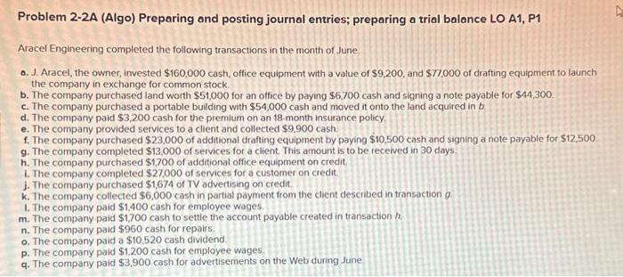 Solved Problem 2-2A (Algo) Preparing and posting journal | Chegg.com