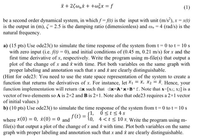 Solved x¨+2ζωnx˙++ωn2x=f be a second order dynamical system, | Chegg.com