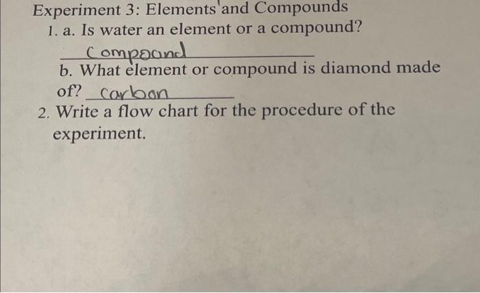Solved Experiment 3: Elements and Compounds 1. a. Is water | Chegg.com
