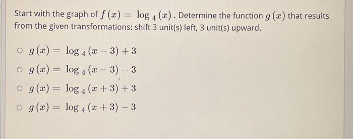 Solved Start with the graph of f(x)=log4(x). Determine the | Chegg.com