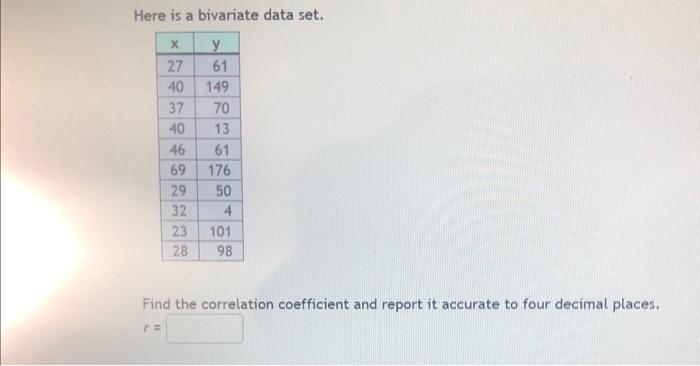 Solved Here is a bivariate data set. Find the correlation | Chegg.com