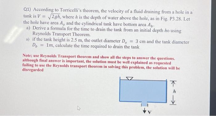 Solved Q1) According to Torricelli's theorem, the velocity | Chegg.com