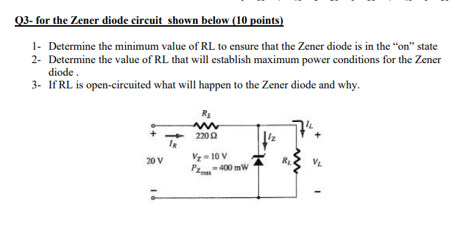 Solved Q3- ﻿for the Zener diode circuit shown below 1- | Chegg.com