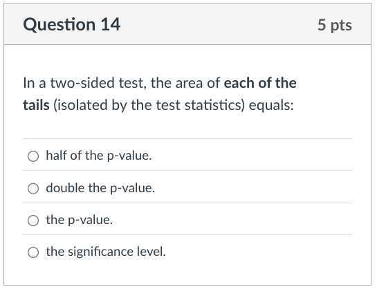 Solved Question 14In a two-sided test, the area of each of | Chegg.com