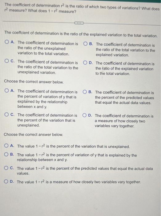 Solved The coefficient of determination r2 is the ratio of | Chegg.com