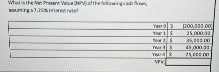 Solved What is the Net Present Value (NPV) of the following | Chegg.com