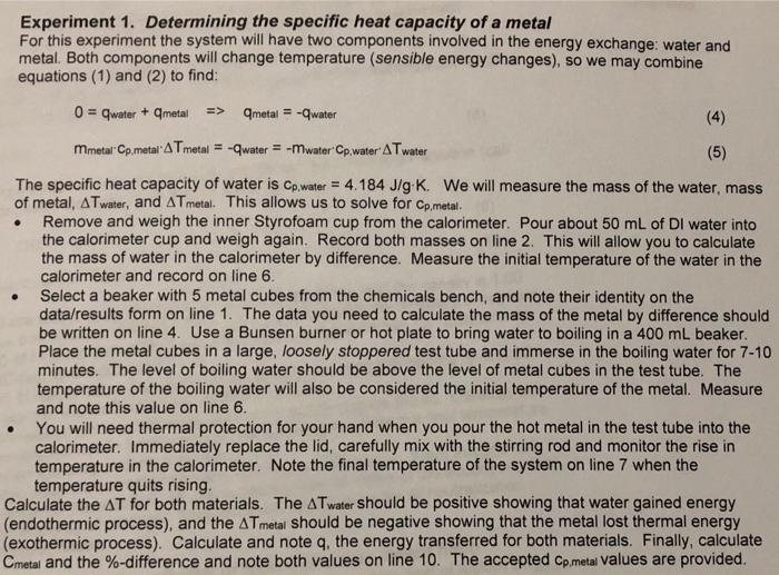 Solved Experiment 1. Determining the specific heat capacity | Chegg.com