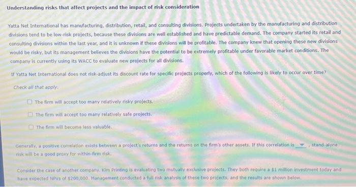 Understanding risks that affect projects and the | Chegg.com