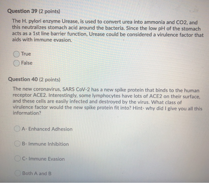 Solved Question 39 (2 points) The H. pylori enzyme Urease, | Chegg.com