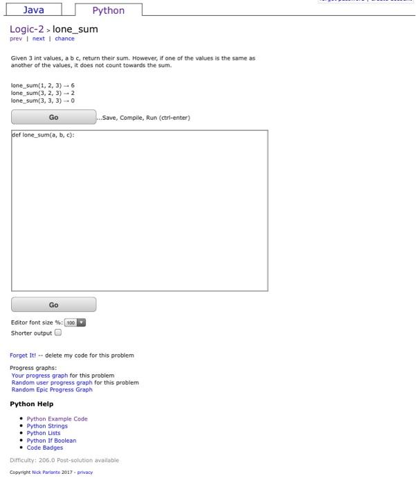 Solved Java Python Logic-2 > lone_sum prev next chance Given | Chegg.com
