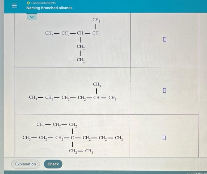 Solved HYDROCARBONS Naming branched alkanes CH3 I CH,— | Chegg.com