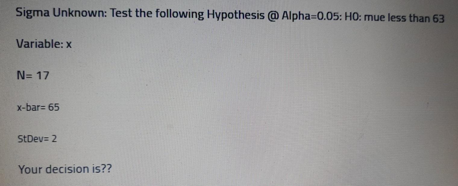 Solved Sigma Unknown: Test the following Hypothesis @ | Chegg.com