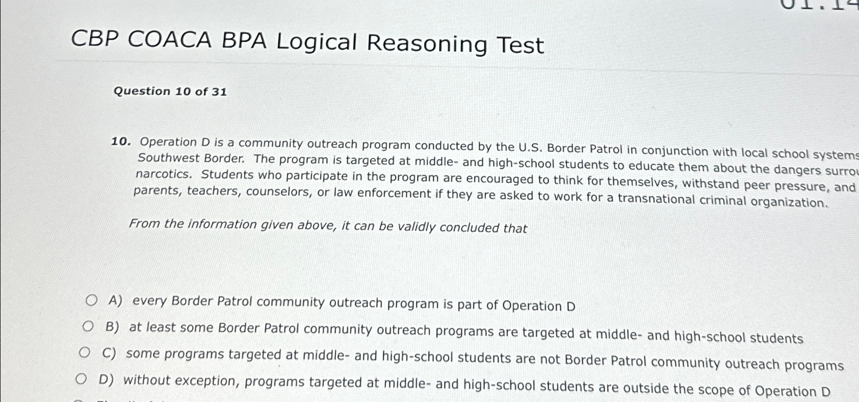 Solved CBP COACA BPA Logical Reasoning TestQuestion 10 ﻿of | Chegg.com