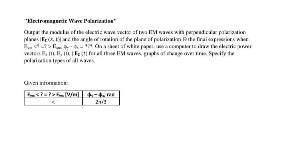 Solved "Electromagnetic Wave Polarization" Output the | Chegg.com