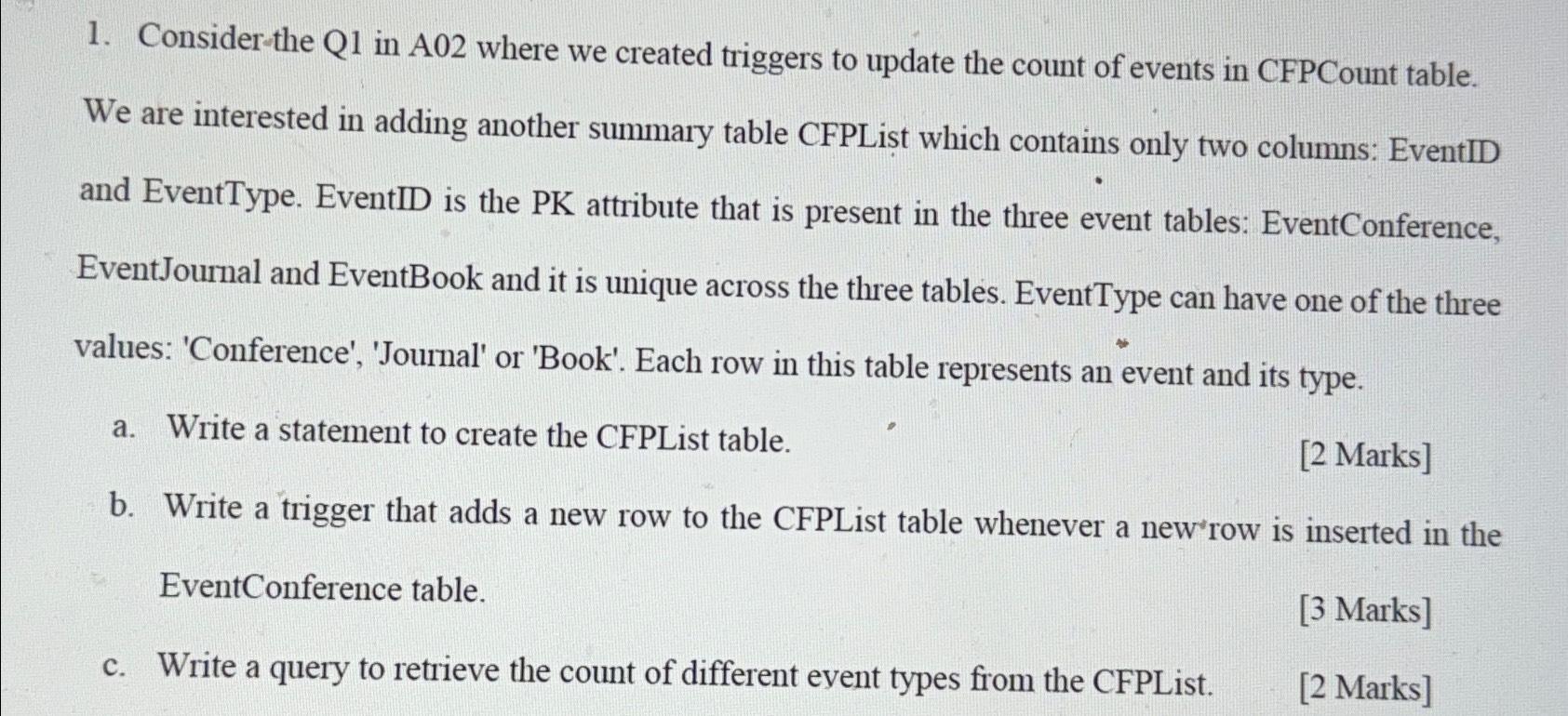 Solved Consider-the Q1 ﻿in A02 ﻿where we created triggers to | Chegg.com