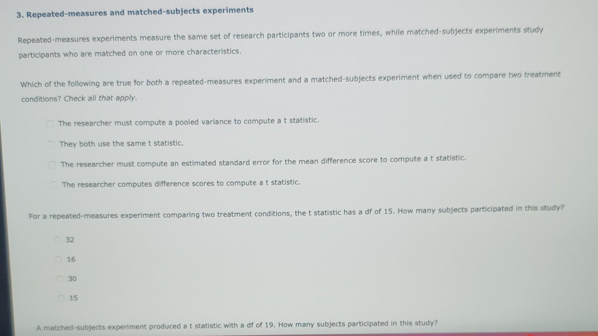Solved 3. Repeated-measures and matched-subjects experiments | Chegg.com
