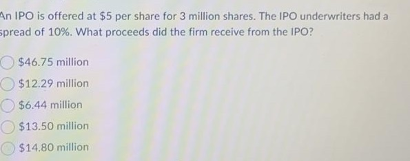 Solved An IPO is offered at $5 per share for 3 million | Chegg.com