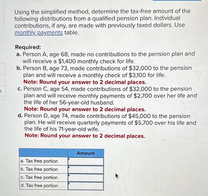 Solved Using the simplified method, determine the tax-free | Chegg.com