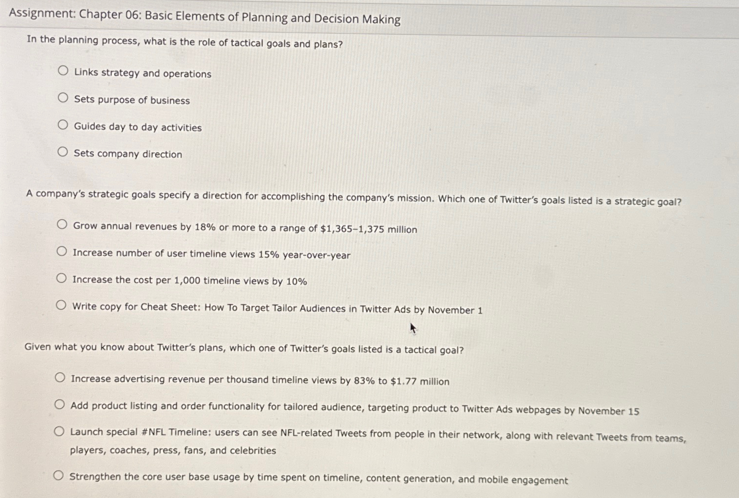 Solved Assignment: Chapter 06: Basic Elements of Planning | Chegg.com