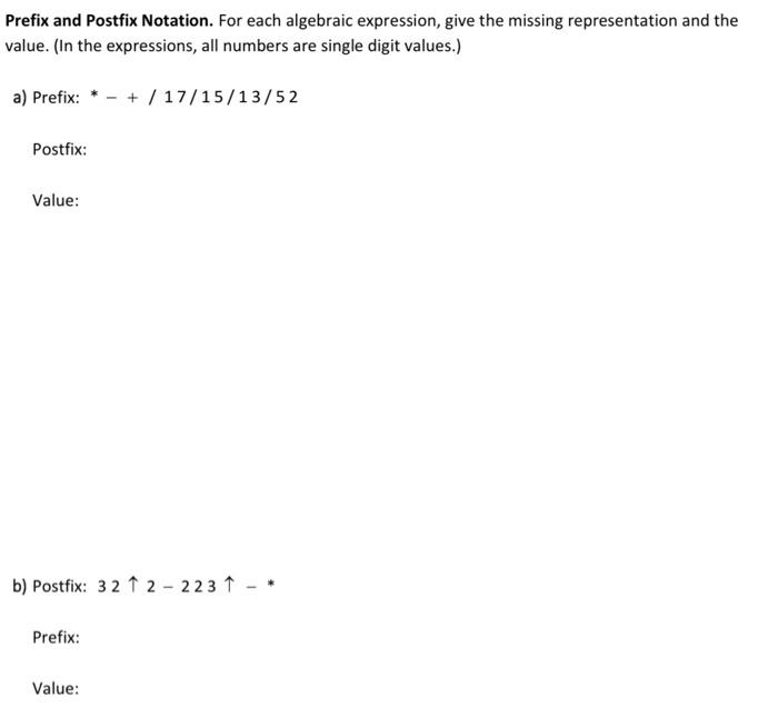 Solved Prefix and Postfix Notation. For each algebraic | Chegg.com