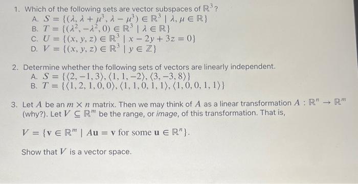 Solved 1. Which of the following sets are vector subspaces | Chegg.com