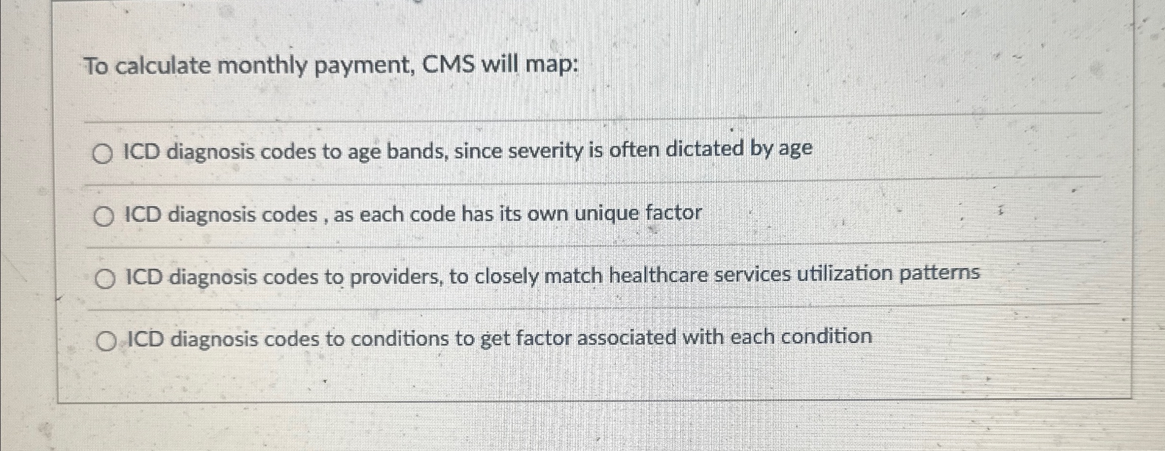 Solved To calculate monthly payment, CMS will map:q,ICD | Chegg.com