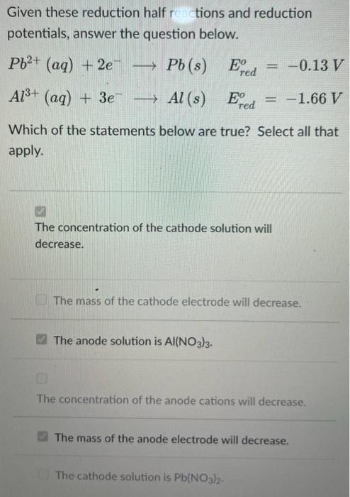 Solved Given These Reduction Half Reactions And Reduction