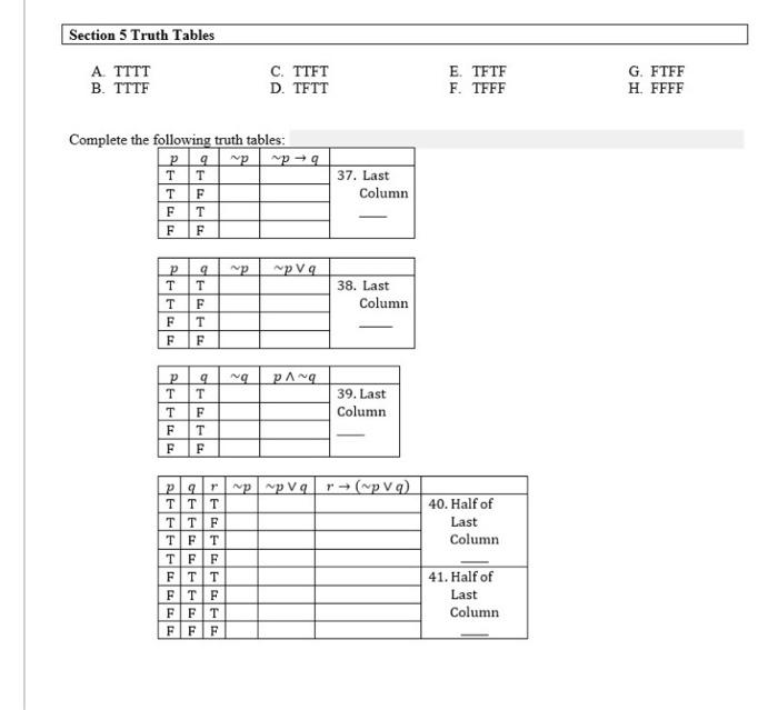 Solved Section 4 Number of Rows in a Truth Table A. 5 Dn F. | Chegg.com