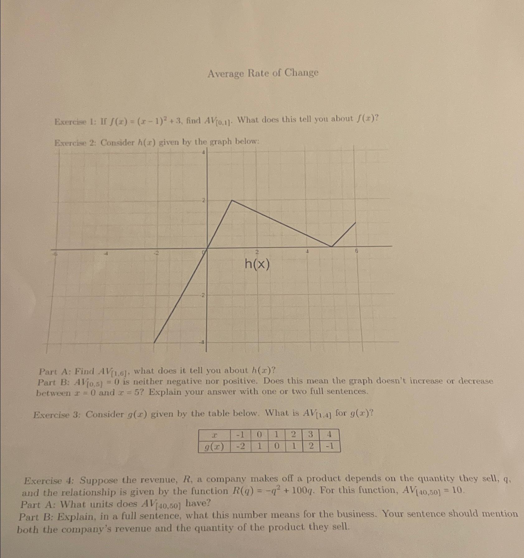 Solved Average Rate of ChangeExercise 1: If f(x)=(x-1)2+3, | Chegg.com