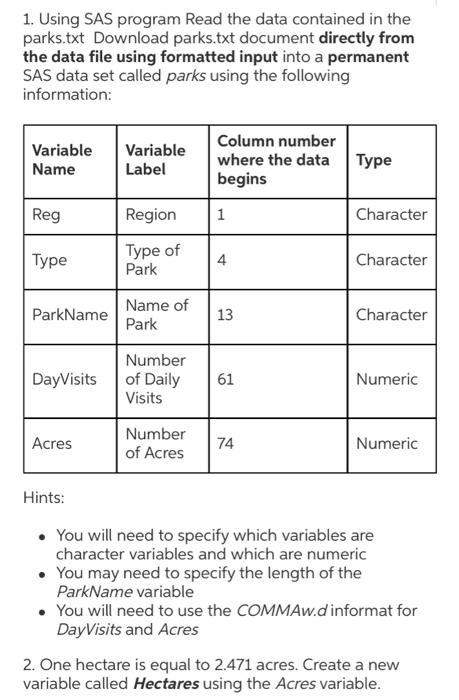 1. Using SAS program Read the data contained in the | Chegg.com