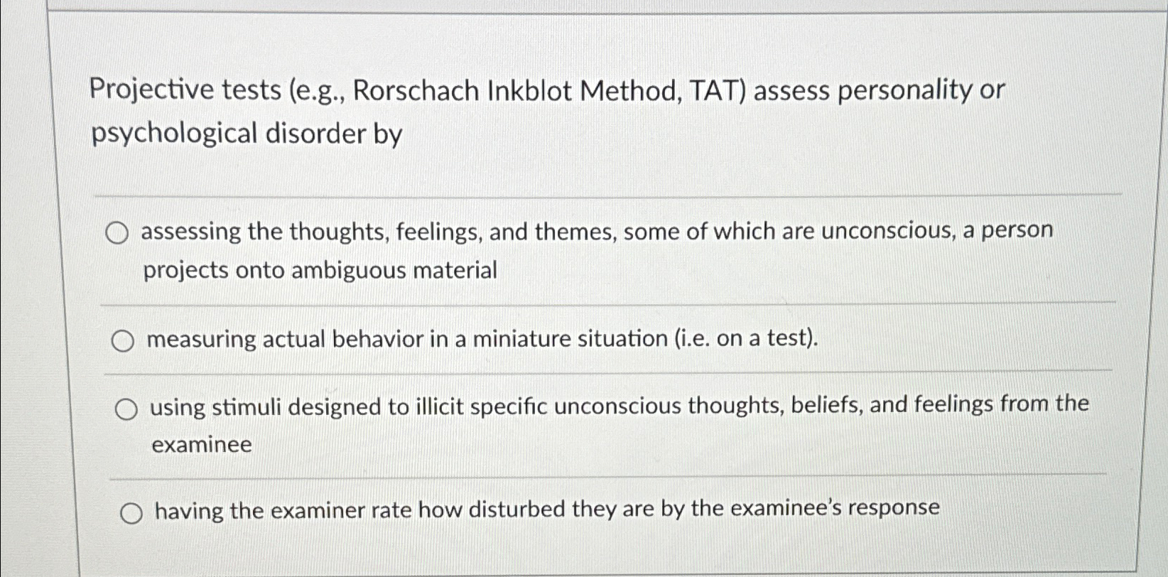 Solved Projective tests (e.g., ﻿Rorschach Inkblot Method, | Chegg.com