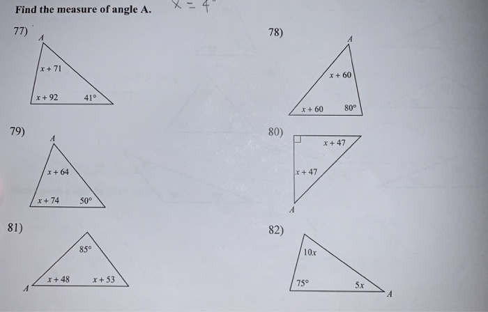 Solved Find the measure of angle A. X 77) A 78) x + 71 x +92 | Chegg.com