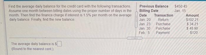 Solved Find the average daily balance for the credit card | Chegg.com