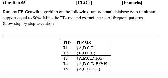 Solved Question 05 [CL0 4] [10 marks] Run the FP Growth | Chegg.com