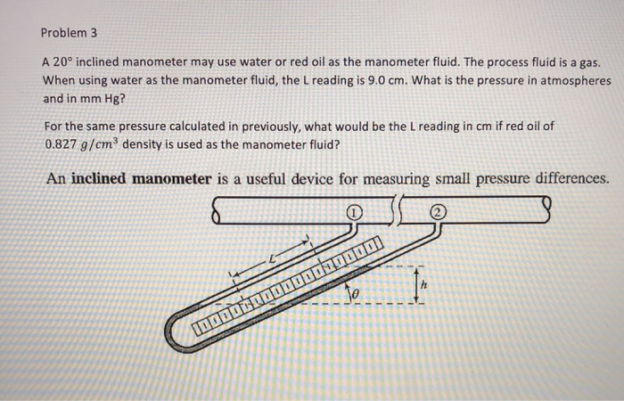 Solved Problem 3 A 20° inclined manometer may use water or | Chegg.com