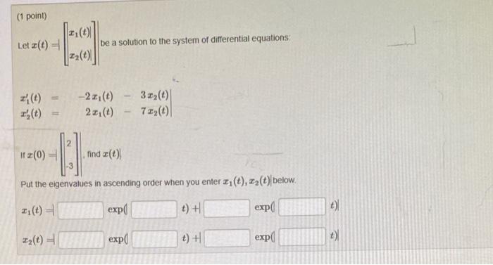 Solved (1 point) Let x(t)=[x1(t)]x2(t)]∣ be a solution to | Chegg.com