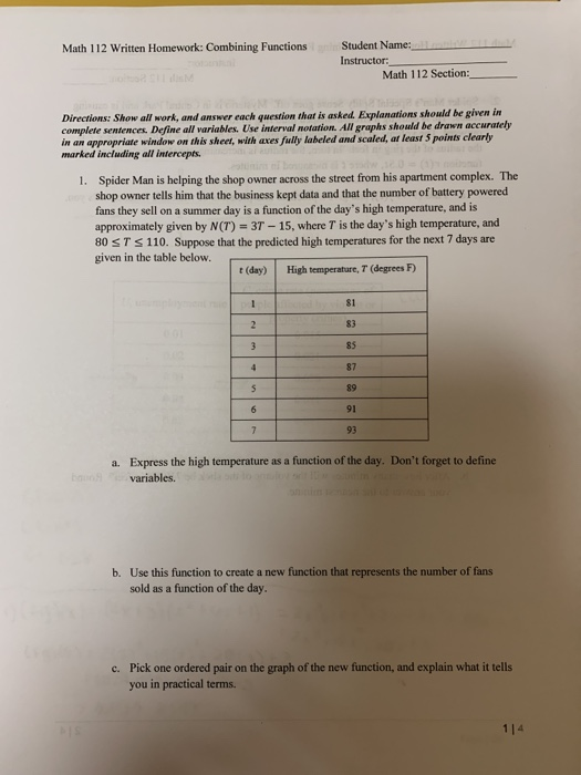Solved Math 112 Written Homework: Combining Functions | Chegg.com